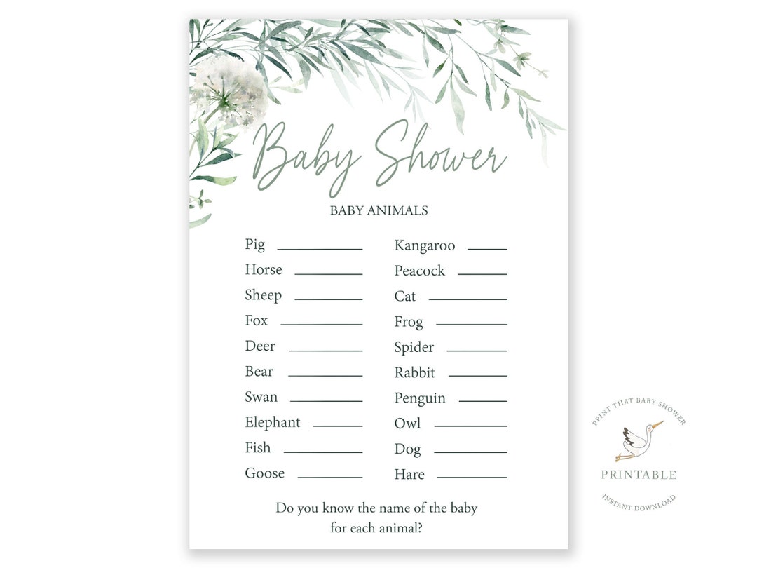 Baby Shower Games - Baby Animals Name Game - Greenery Baby Shower ...