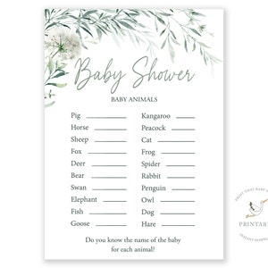 Baby Shower Games - Baby Animals Name Game - Greenery Baby Shower ...