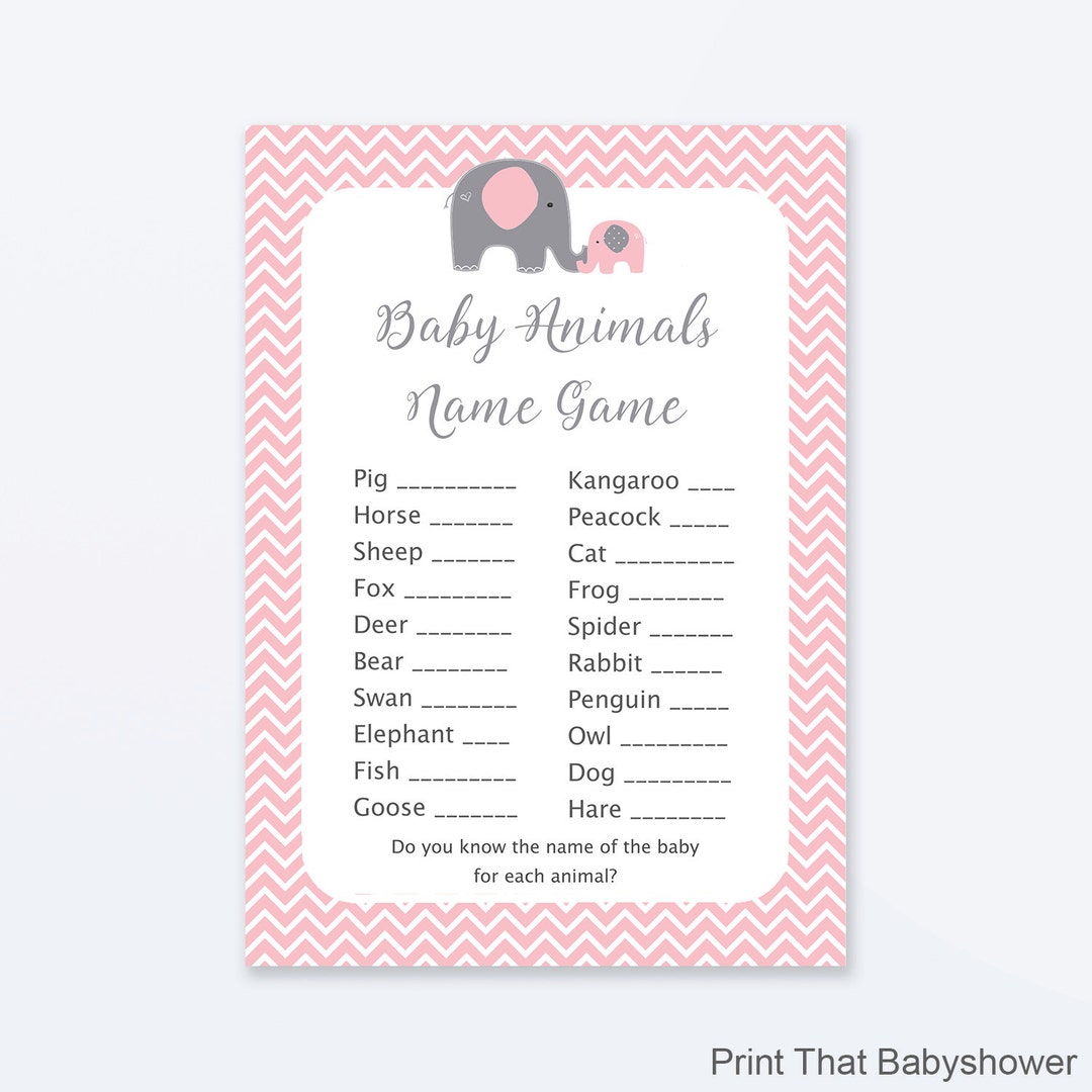 Baby Animals Name Game - Baby Shower Games - Pink Elephant Baby Shower ...