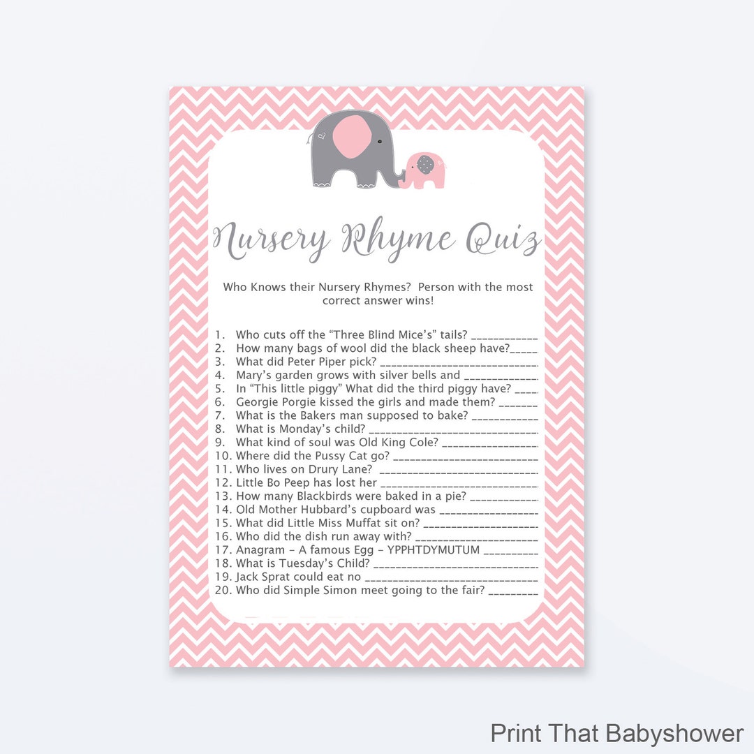 Nursery Rhyme Quiz Baby Shower Game - Pink Elephant - Etsy