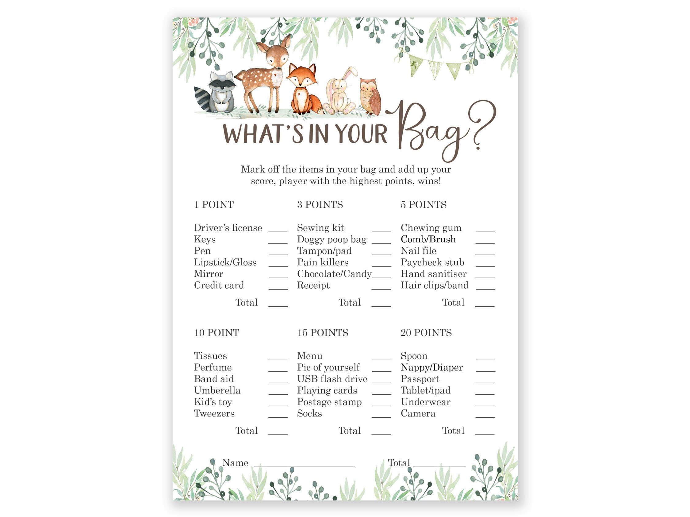 Baby Shower Games - What's in Your Purse/bag Game? - Woodland - Etsy