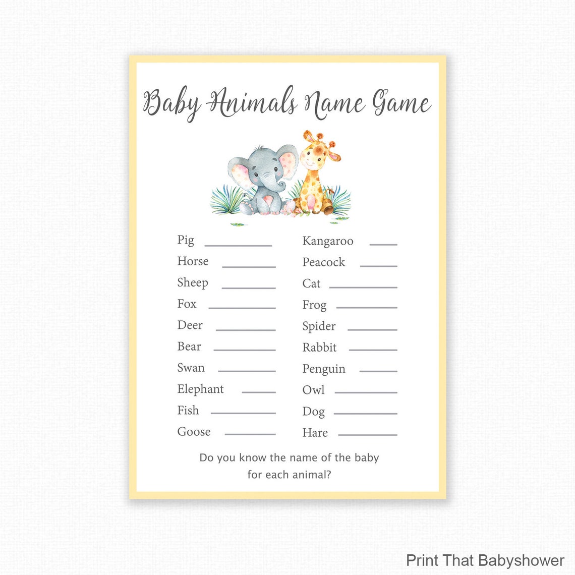 Baby Shower Games Baby Animals Name Game Jungle Theme Baby - Etsy