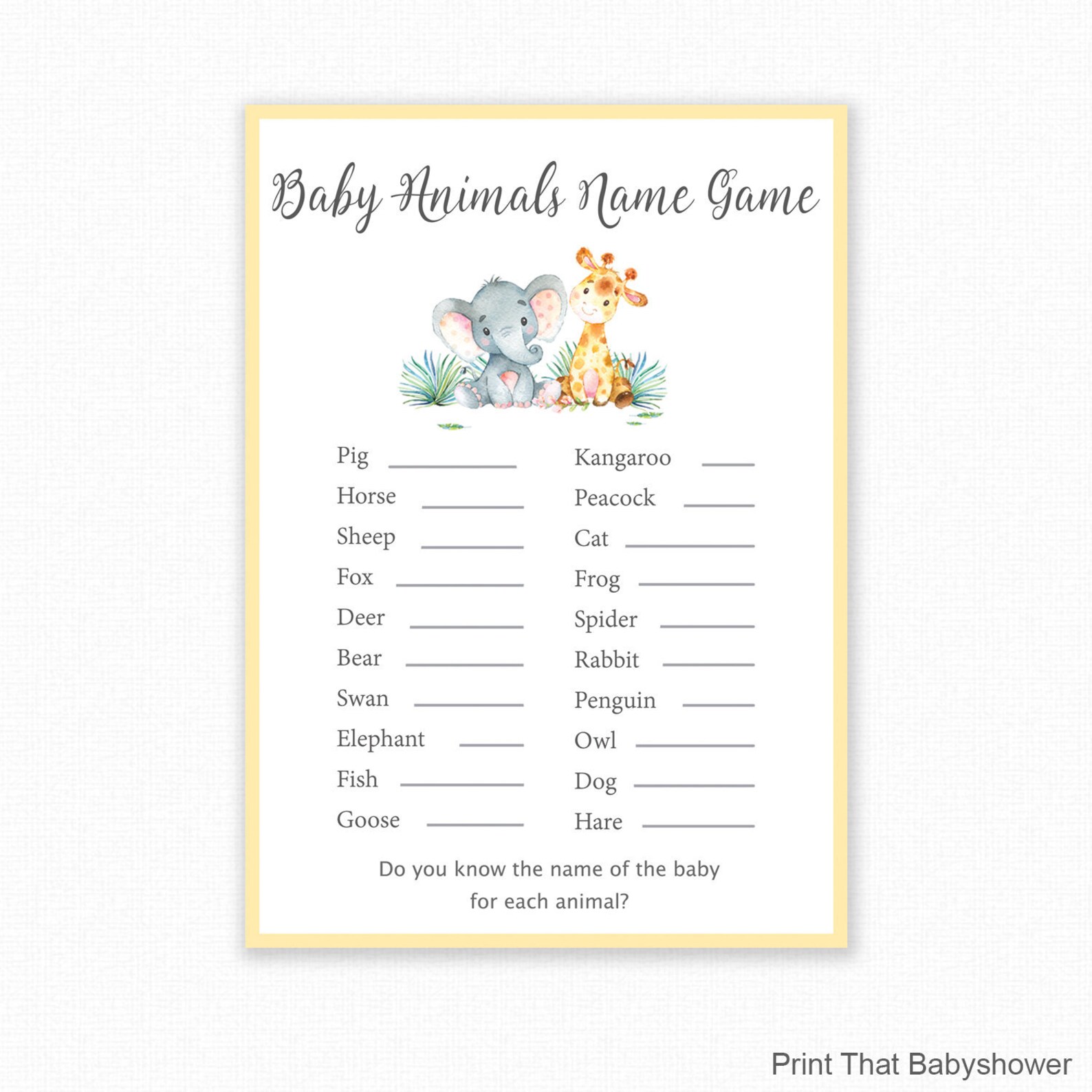 Baby Shower Games Baby Animals Name Game Jungle Theme Baby - Etsy