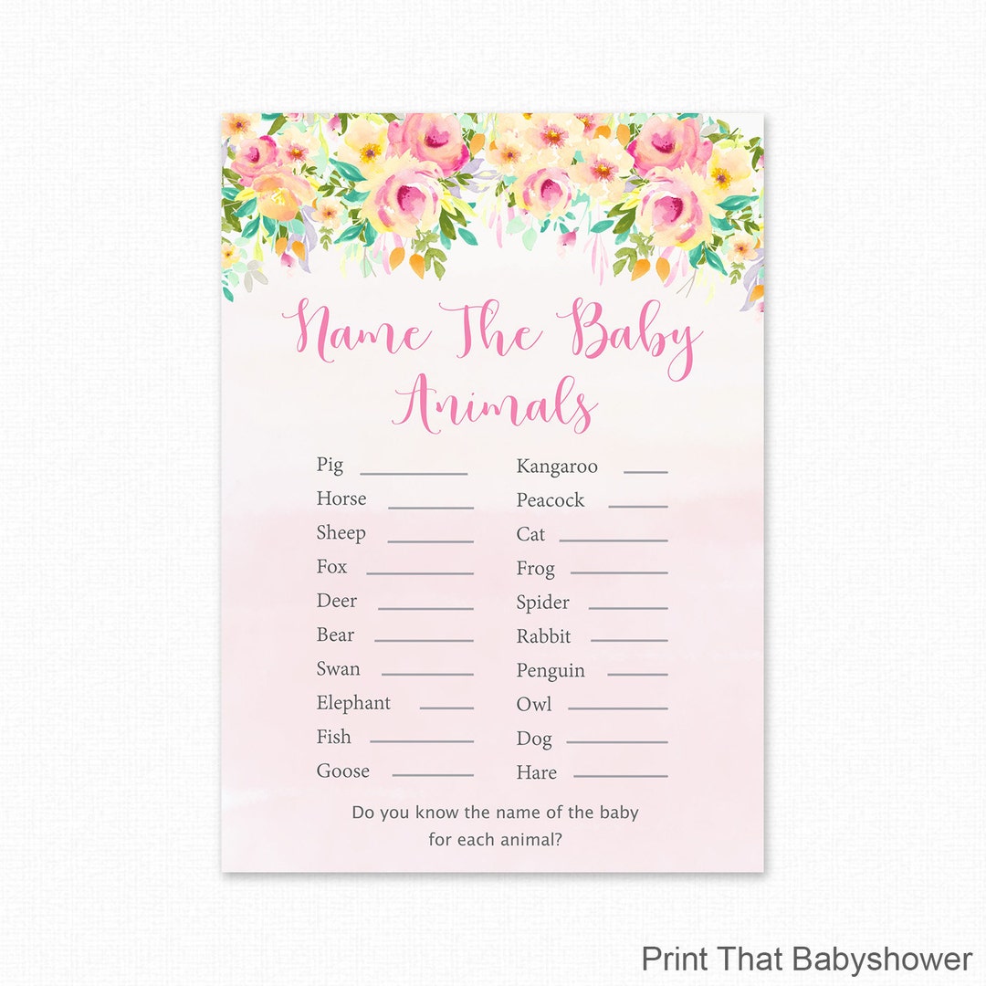 Baby Shower Games - Baby Animals Name Game - Floral Baby Shower ...