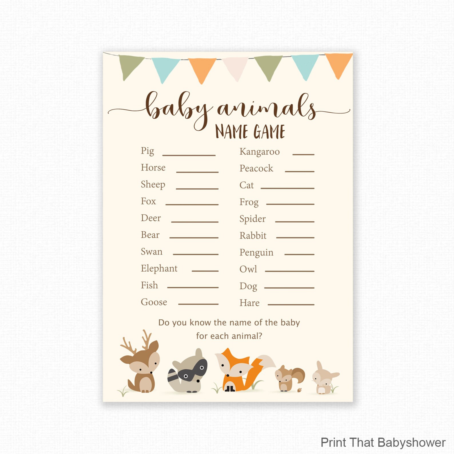 Baby Shower Games - Baby Animals Name Game - Woodland Baby Shower ...