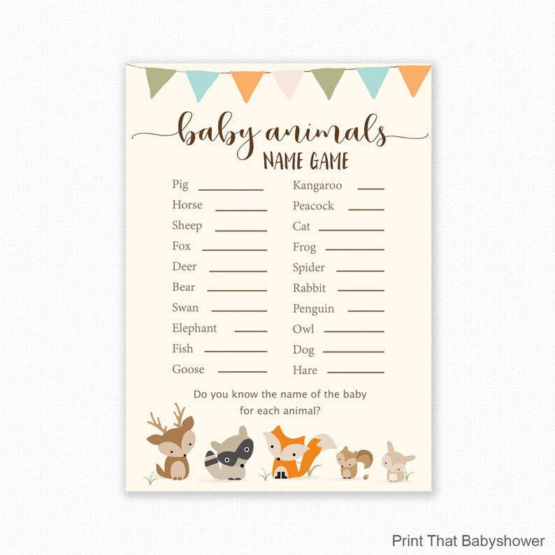 Baby Shower Games - Baby Animals Name Game - Woodland Baby Shower ...