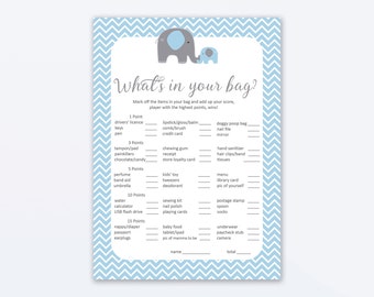 Elephant Baby Shower What's in the Bag Game, Blue Grey Boy Bag Game ...