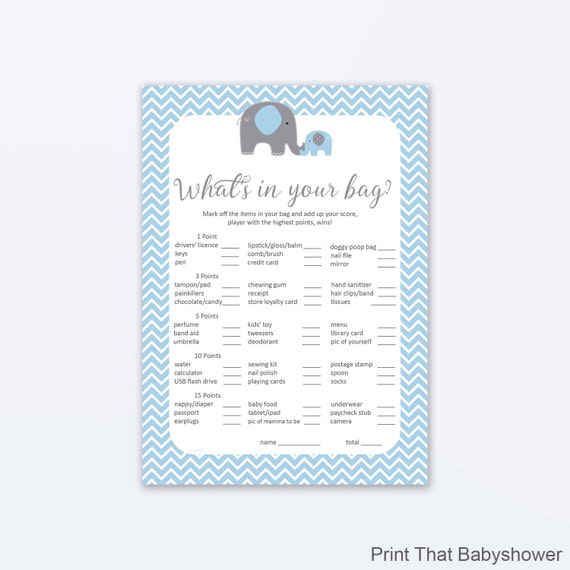 What's In Your Purse Game? - Baby Shower Games - Blue Elephant Baby ...