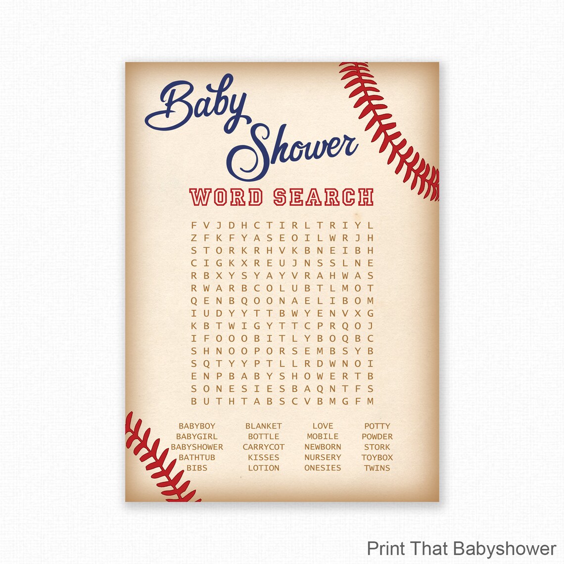 Baby Shower Games Baby Shower Word Search Game Baseball | Etsy UK