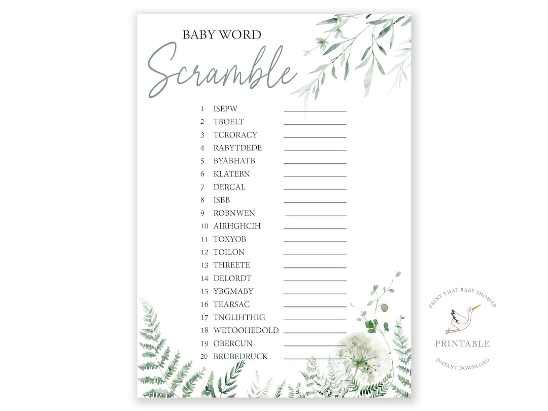 Baby Shower Games - Baby Word Scramble Game - Botanical Baby Shower ...