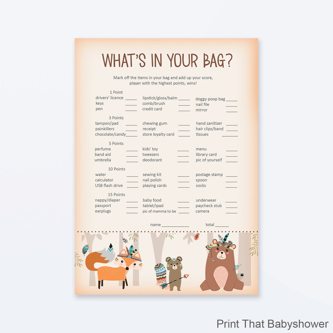 Baby Shower Games - What's in Your Purse/bag Game? - Tribal Woodland - Etsy