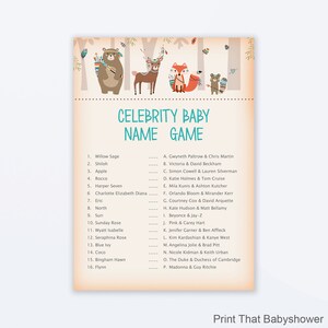 Baby Shower Games - Celebrity Baby Names Game - Woodland Baby Shower ...