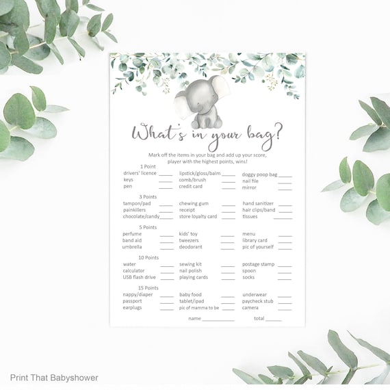 What's in Your Purse Game Baby Shower Games Elephant - Etsy