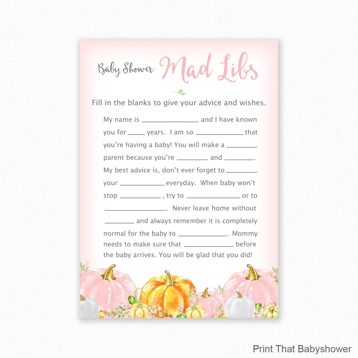 Baby Shower Game - Pumpkin Baby Shower - Baby Mad Libs - Pumpkin Baby ...