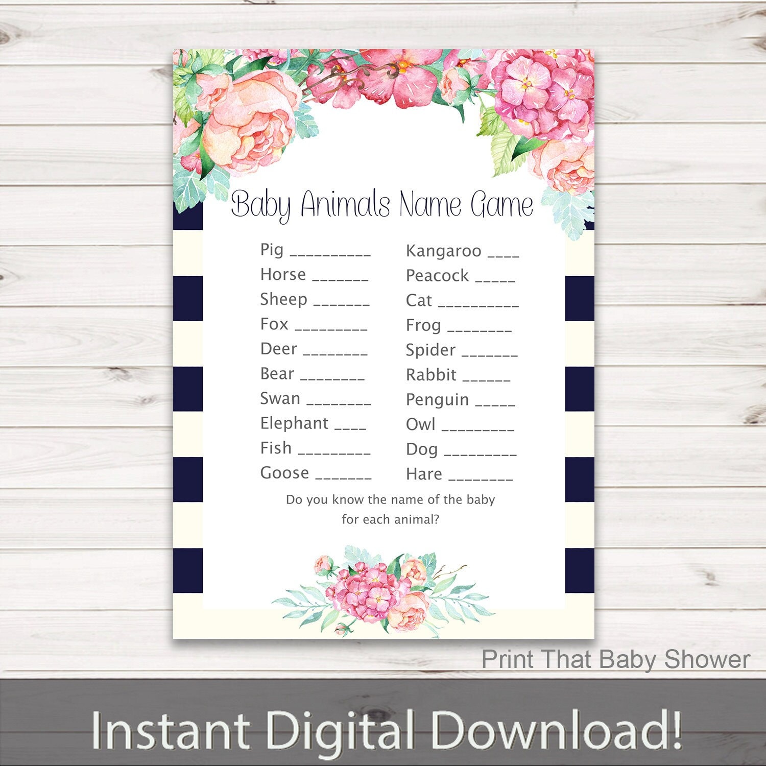 Baby Shower Games - Baby Animals Name Game - Floral Baby Shower ...