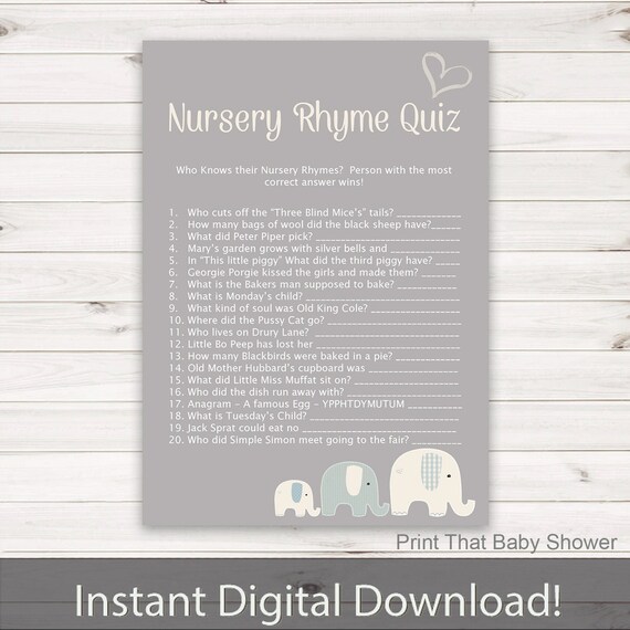 Baby Shower Games - Nursery Rhyme Quiz Game - Elephant Baby Shower ...