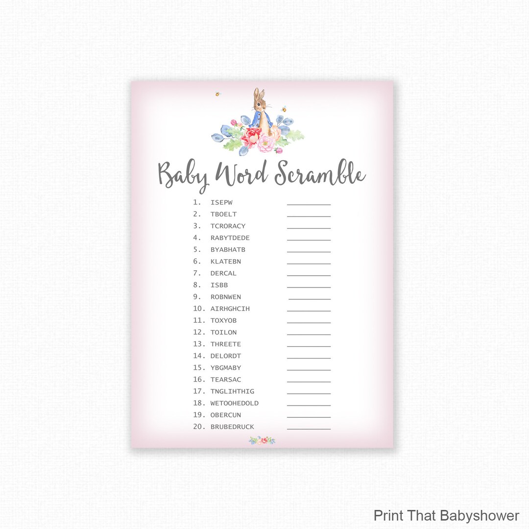 Baby Shower Games - Baby Word Scramble Game - Peter Rabbit Baby Shower ...