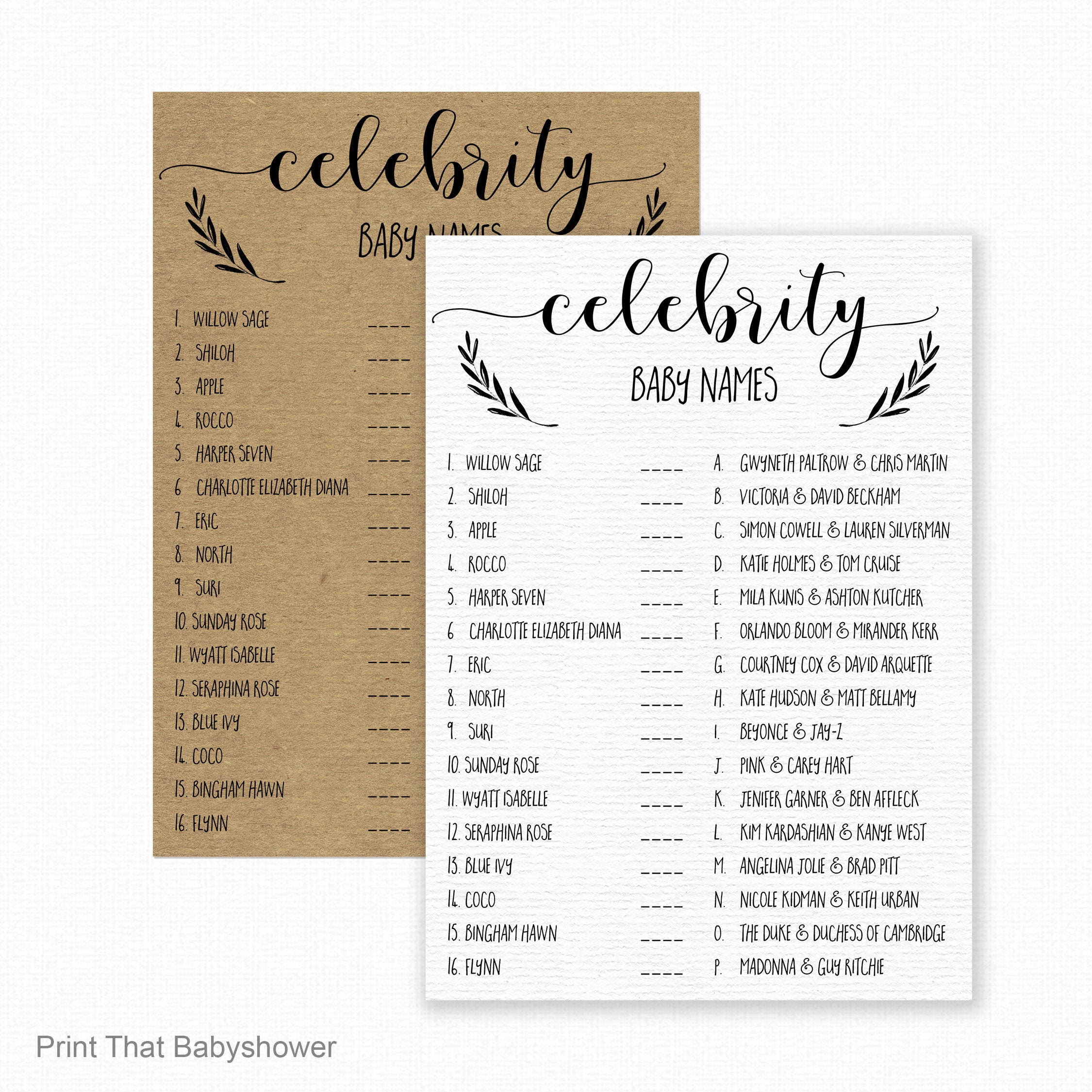 Celebrity Baby Names Game Baby Shower Games Rustic Baby | Etsy UK