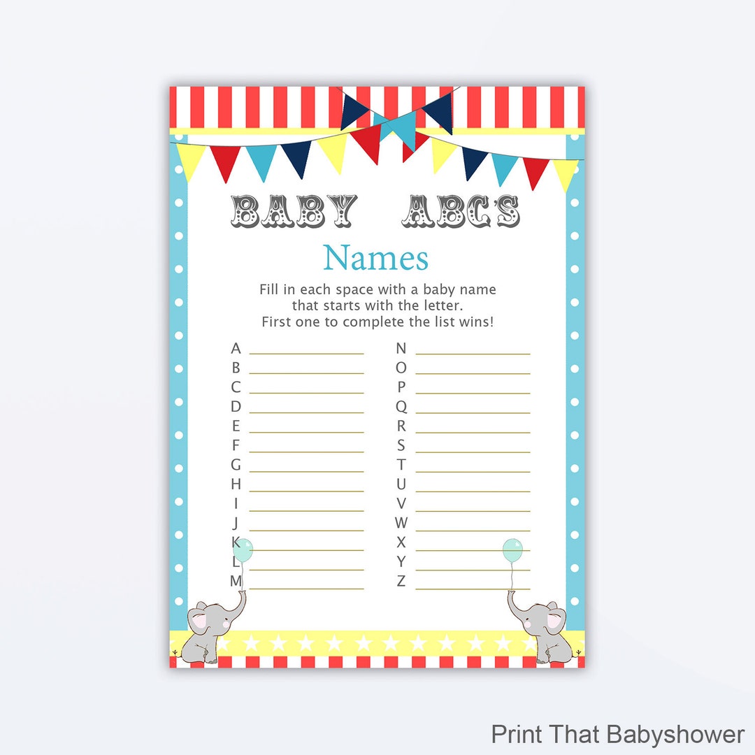 Baby Shower Games - Baby Name ABC Game - Circus Baby Shower - Circus ...