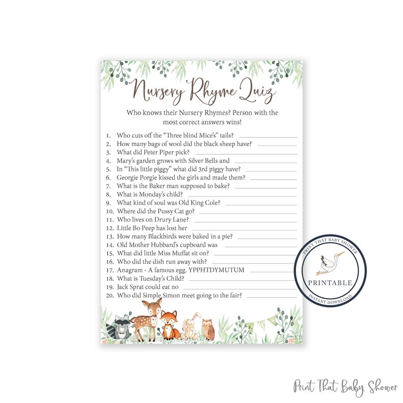 Nursery Rhyme Quiz Baby Shower Game - Fox - Deer - Forest Animals ...