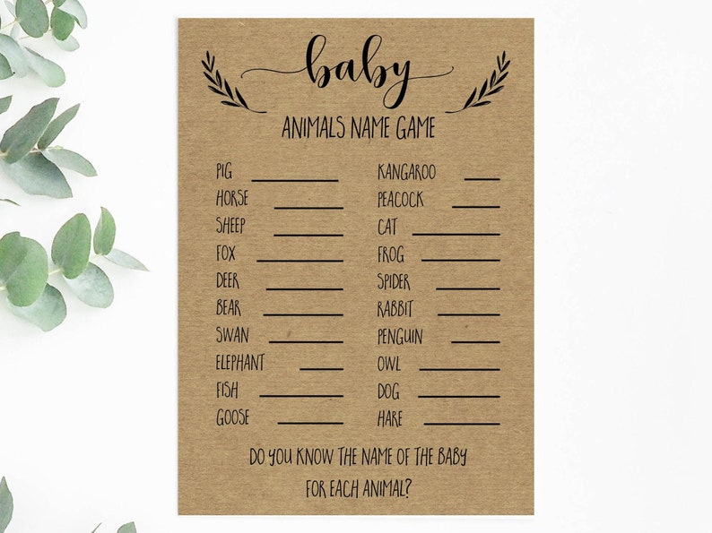 Baby Animals Name Game - Baby Shower Games - Rustic Baby Shower, Gender ...