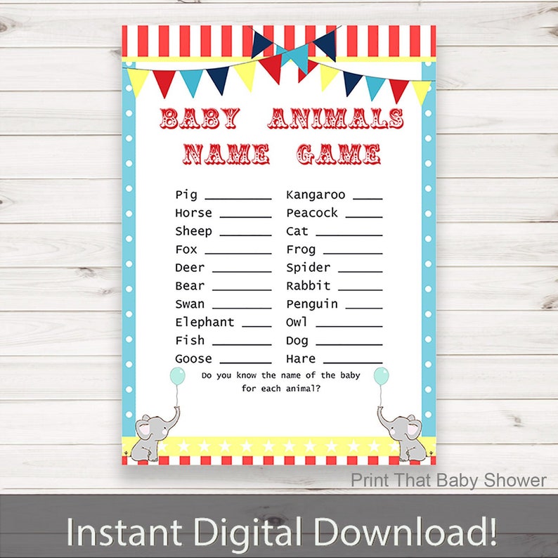 Baby Shower Games Baby Animals Name Game Circus Baby - Etsy