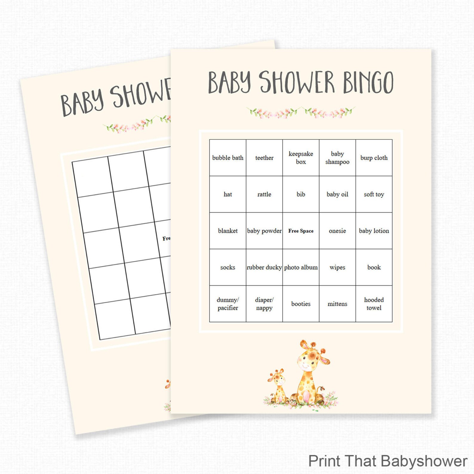 Baby Shower Bingo Cards - Baby Shower Games - Giraffe Baby Shower ...