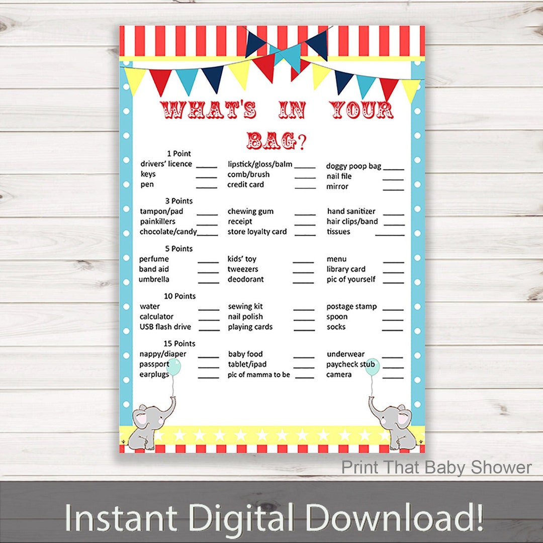 Baby Shower Games - What's in Your Purse/bag Game? - Circus - Etsy