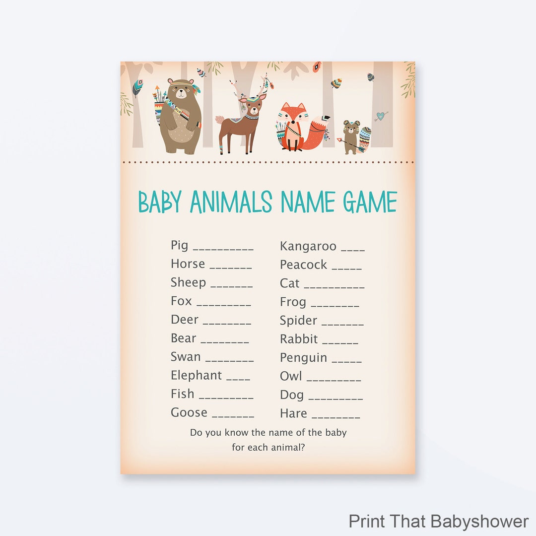 Baby Shower Games - Baby Animals Name Game - Woodland Baby Shower ...