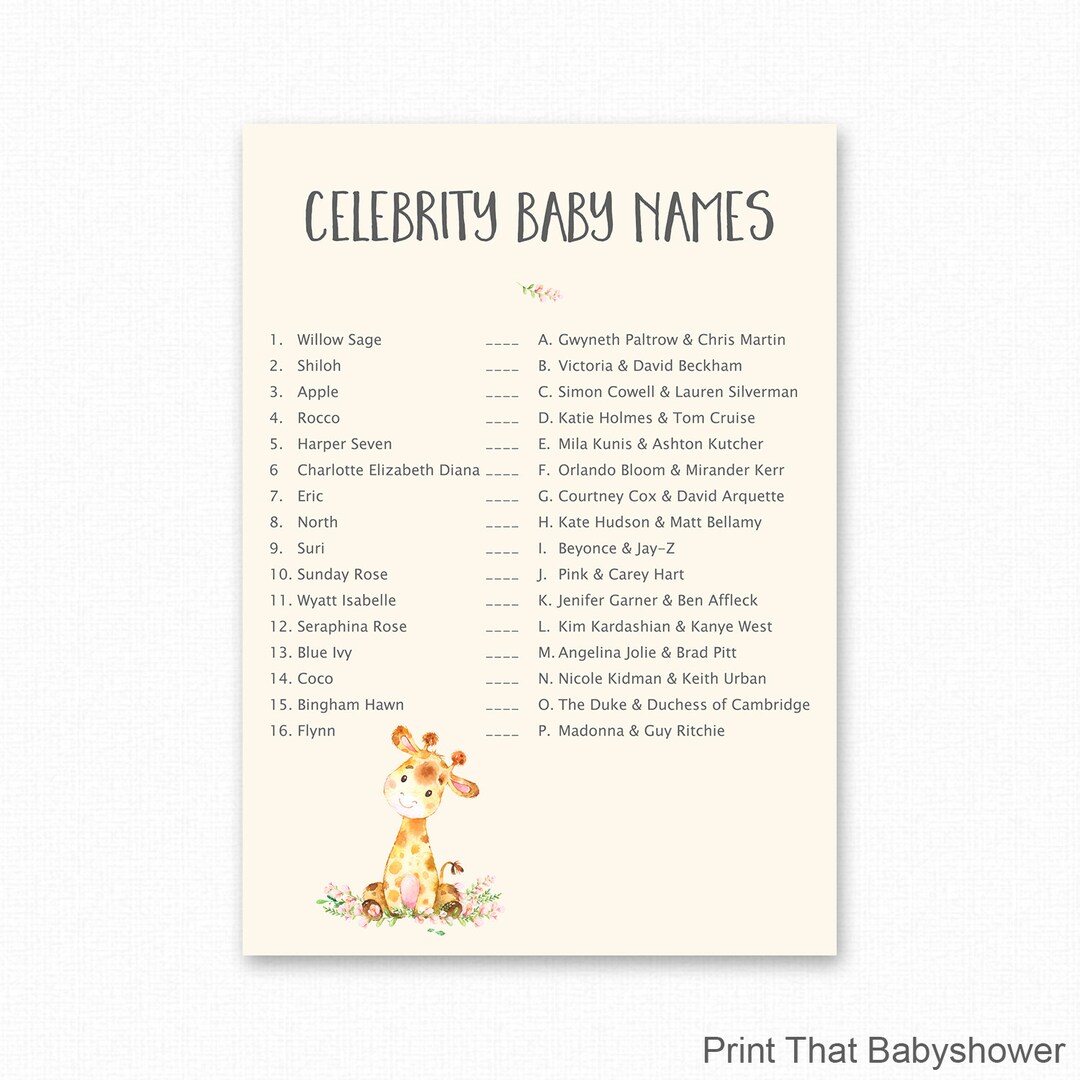 Baby Shower Games - Celebrity Baby Names Game - Giraffe Baby Shower ...