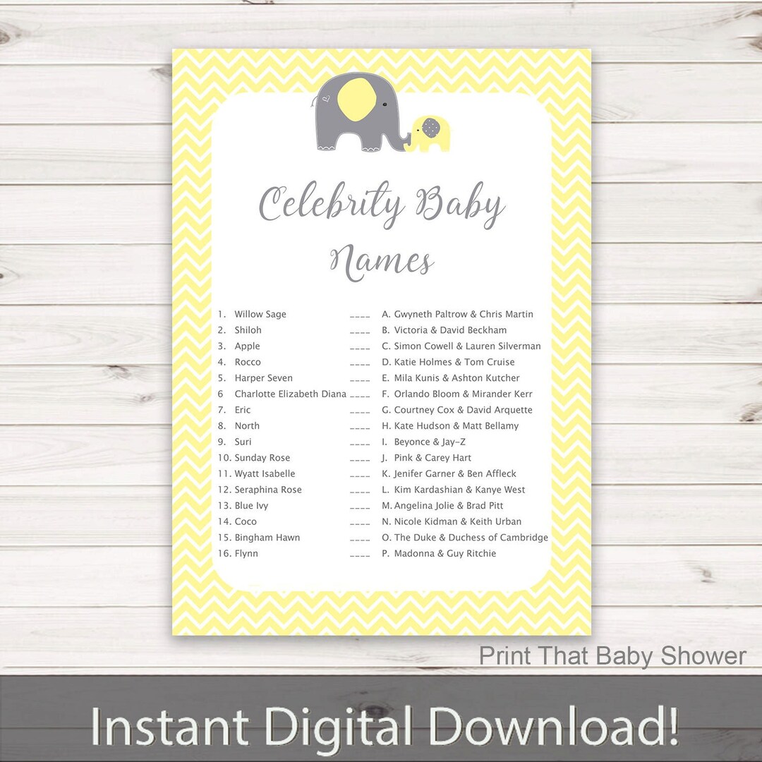 Baby Shower Games - Celebrity Baby Names Game - Yellow Elephant Baby ...