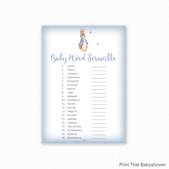 Baby Shower Games - Baby Word Scramble Game - Peter Rabbit Baby Shower ...