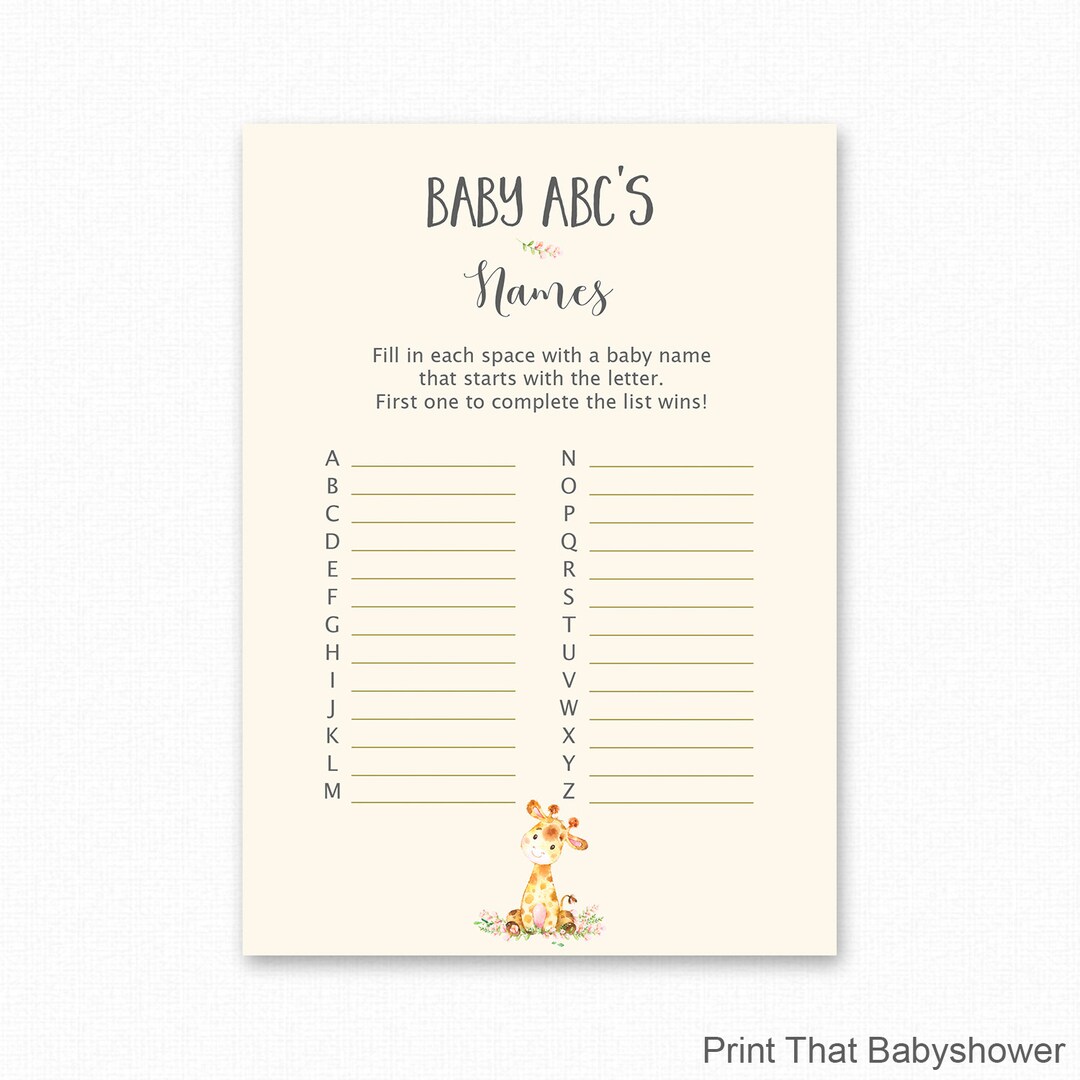 Baby Shower Games - Baby Name ABC Game - Giraffe Baby Shower - Giraffe ...