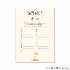 Baby Shower Games - Baby Name ABC Game - Giraffe Baby Shower - Giraffe ...