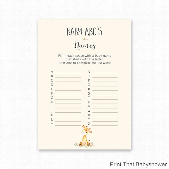 Baby Shower Games - Baby Name ABC Game - Giraffe Baby Shower - Giraffe ...