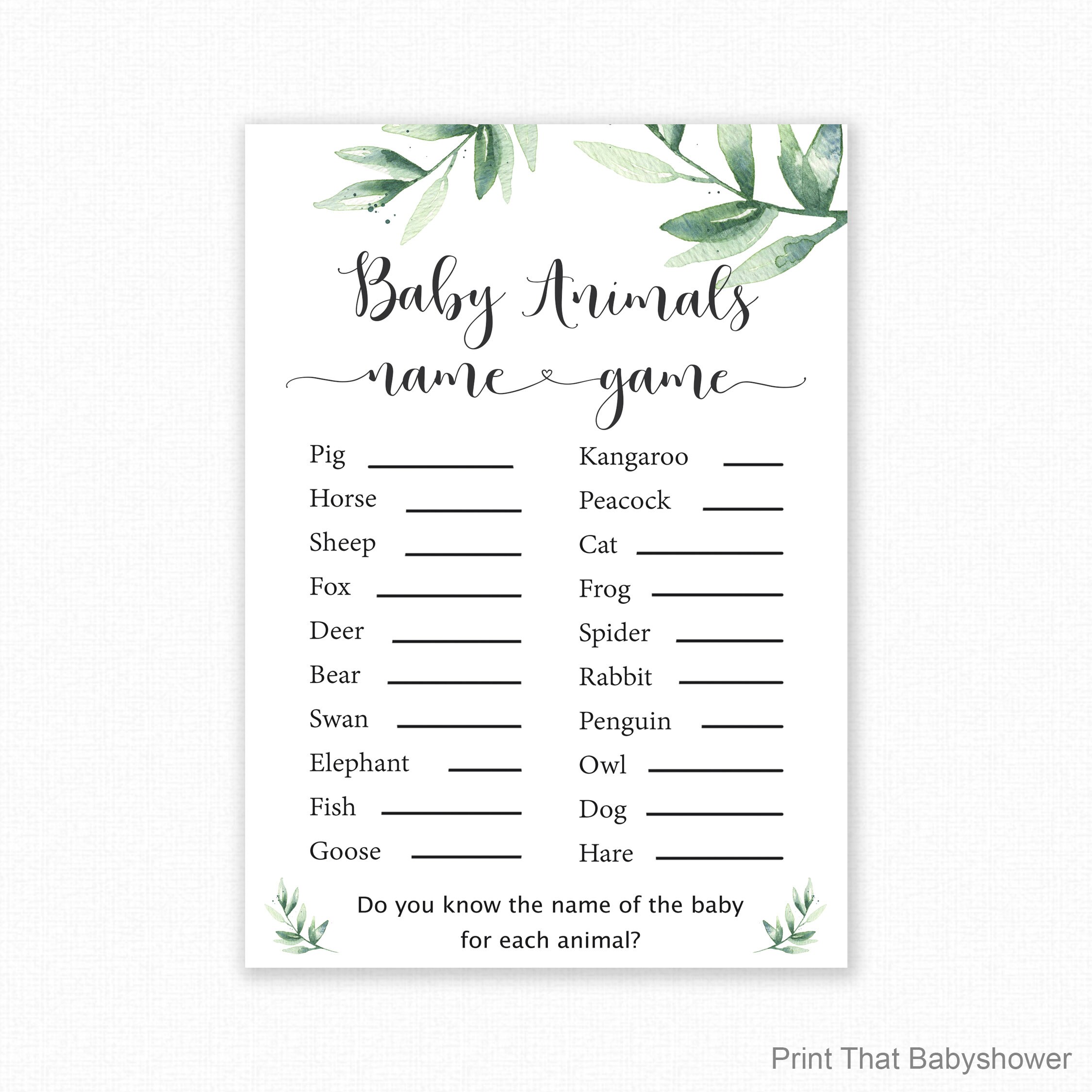Baby Shower Games Baby Animals Name Game Greenery Baby | Etsy