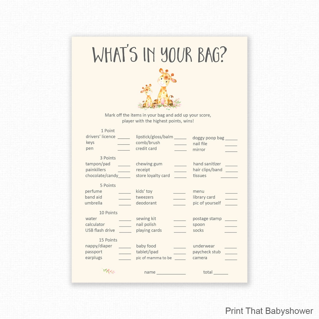 What's in Your Purse Game? - Baby Shower Games - Giraffe Baby Shower ...