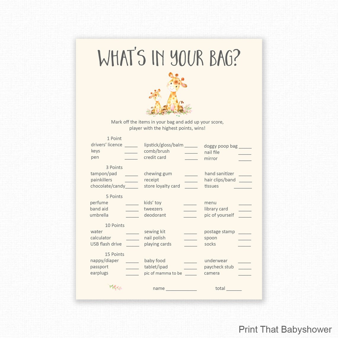 What's in Your Purse Game Baby Shower Games Giraffe | Etsy
