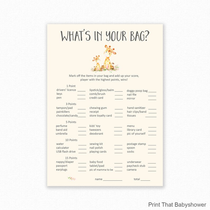 What's in Your Purse Game Baby Shower Games Giraffe - Etsy