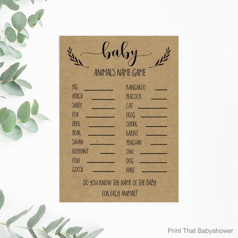 Baby Animals Name Game Baby Shower Games Rustic Baby | Etsy