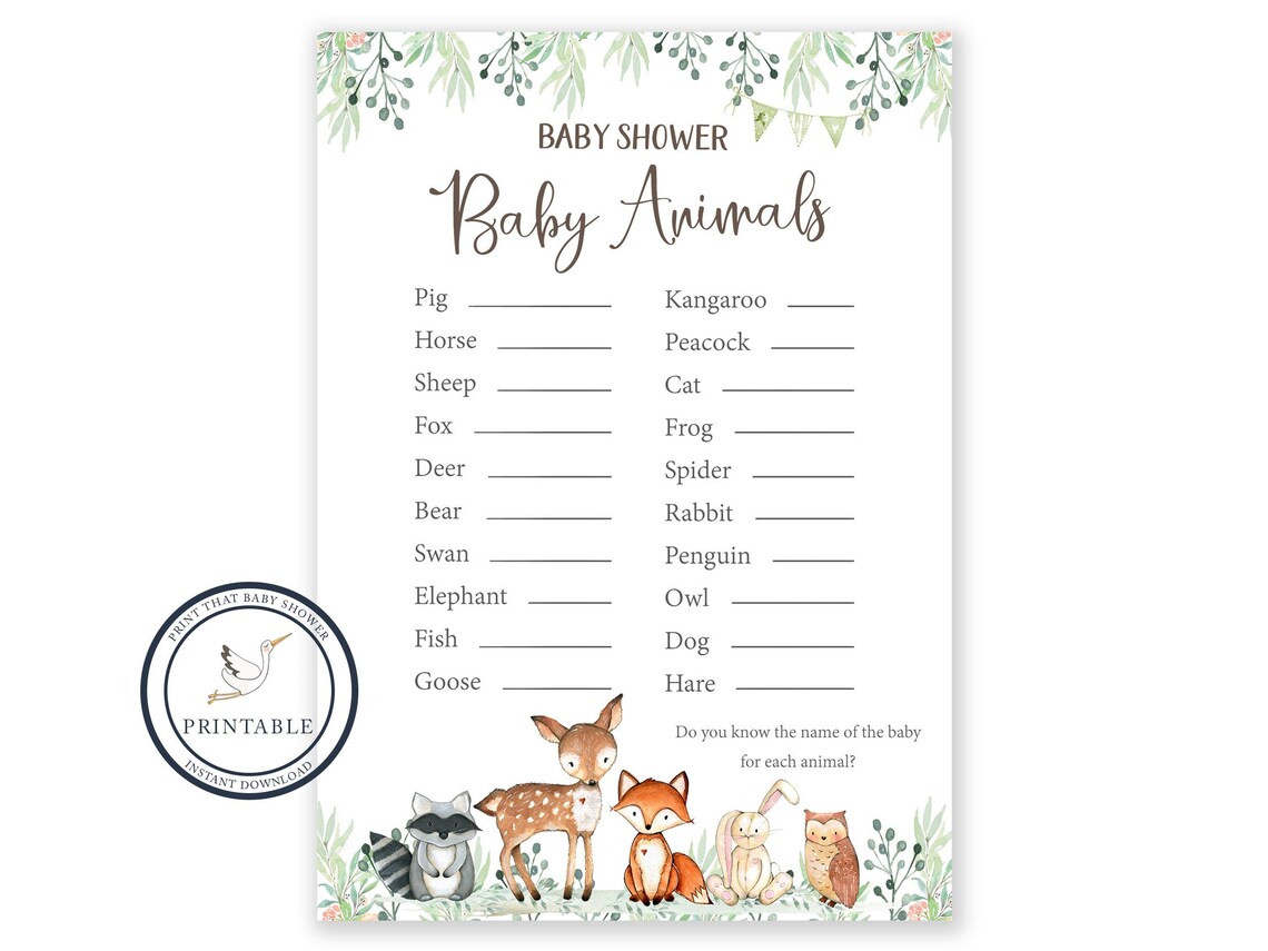 Baby Shower Games - Baby Animals Name Game - Woodland Baby Shower ...