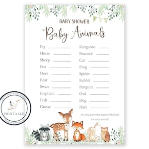 Baby Shower Games - Baby Animals Name Game - Woodland Baby Shower ...