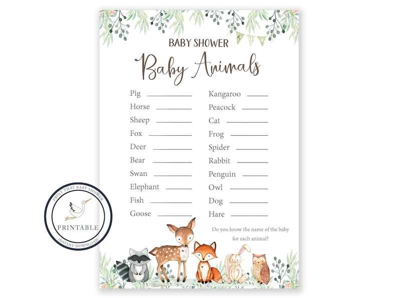 Baby Shower Games - Baby Animals Name Game - Woodland Baby Shower ...