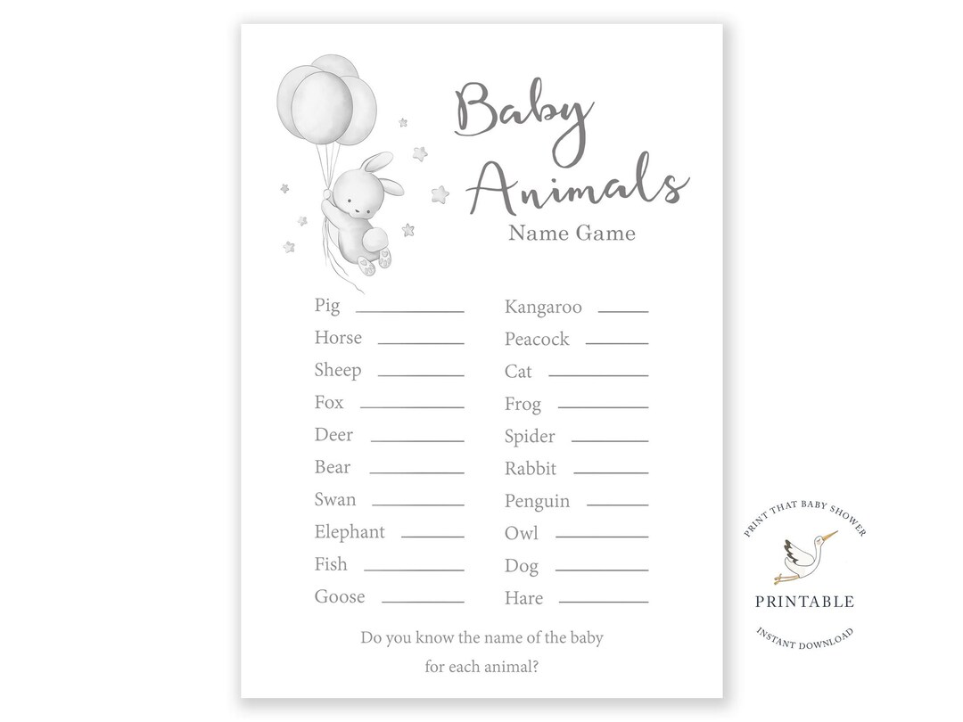 Baby Shower Games - Baby Animals Name Game - Bunny Baby Shower - Baby ...