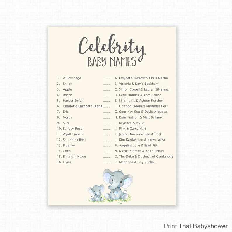 Baby Shower Games - Celebrity Baby Names Game - Blue Elephant Baby ...