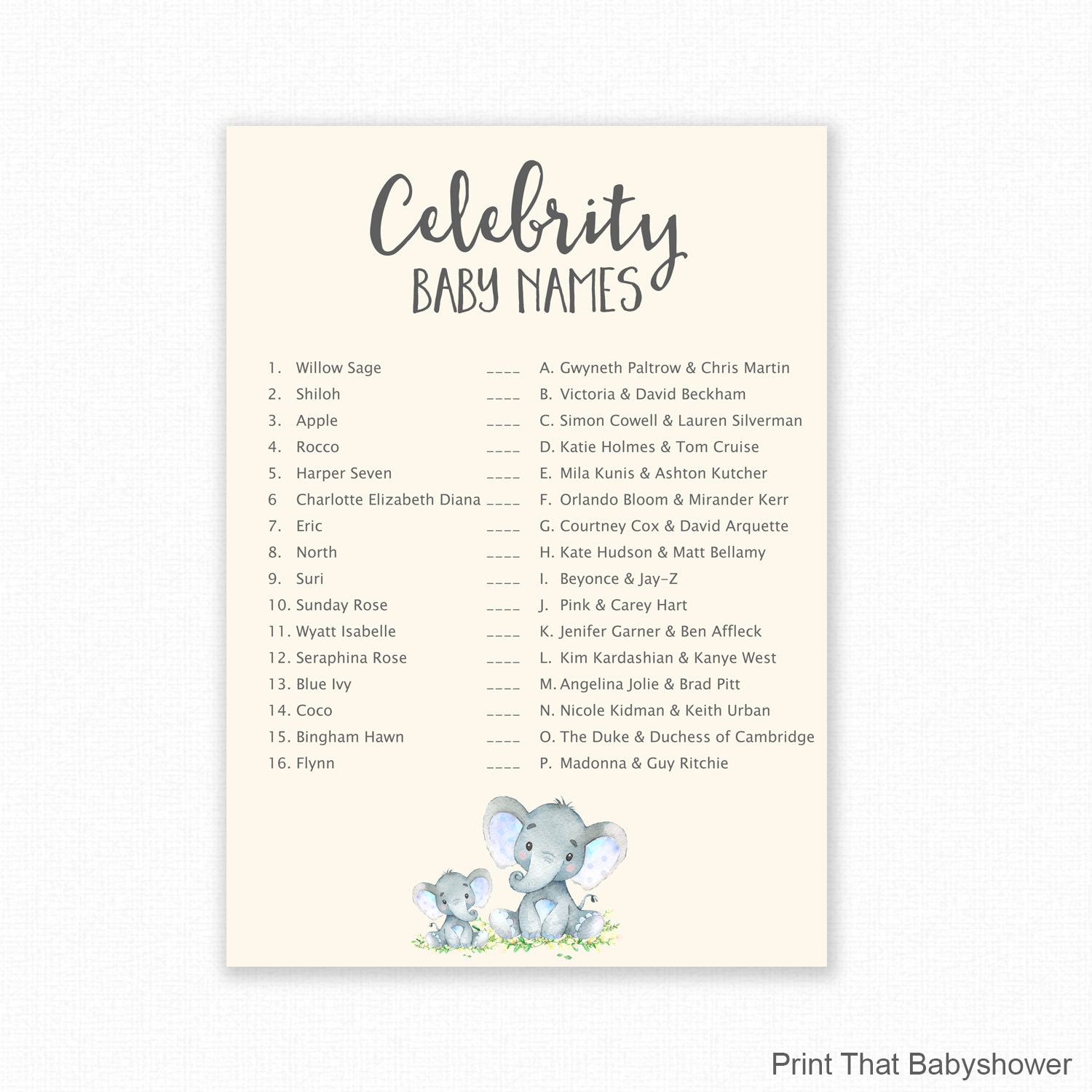 Baby Shower Games - Celebrity Baby Names Game - Blue Elephant Baby ...