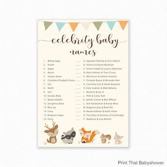 Baby Shower Games - Celebrity Baby Names Game - Woodland Baby Shower ...