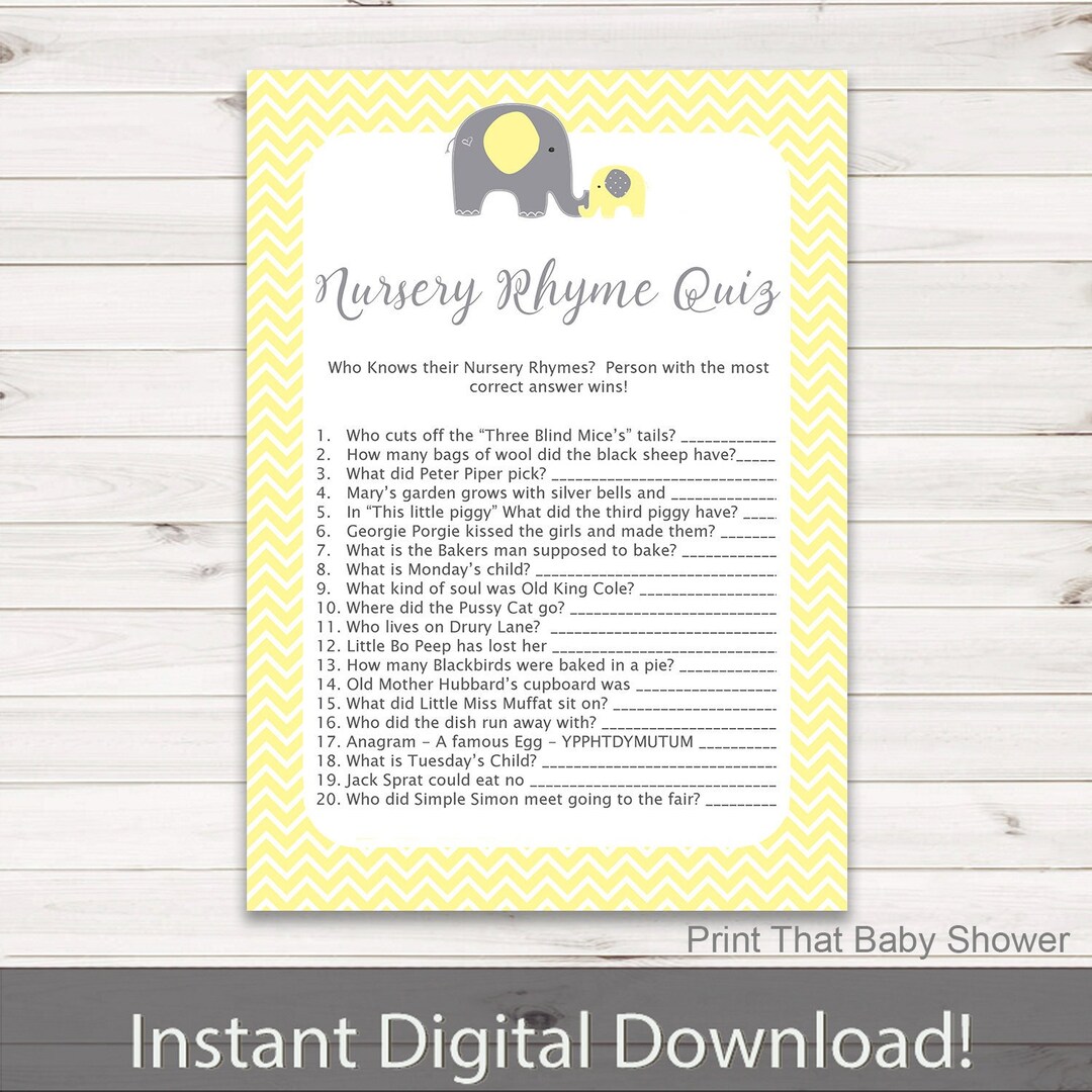 Nursery Rhyme Quiz Baby Shower Game - Yellow Elephant - Etsy