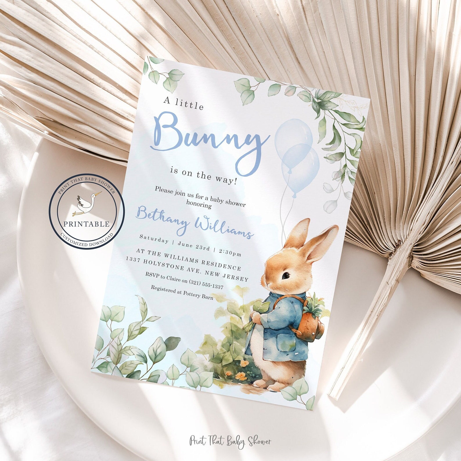 Peter Rabbit Baby Shower Invitation Blue Bunny Baby Shower Printable ...