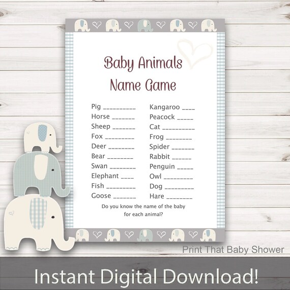 Baby Shower Games - Baby Animals Name Game - Elephant Baby Shower ...